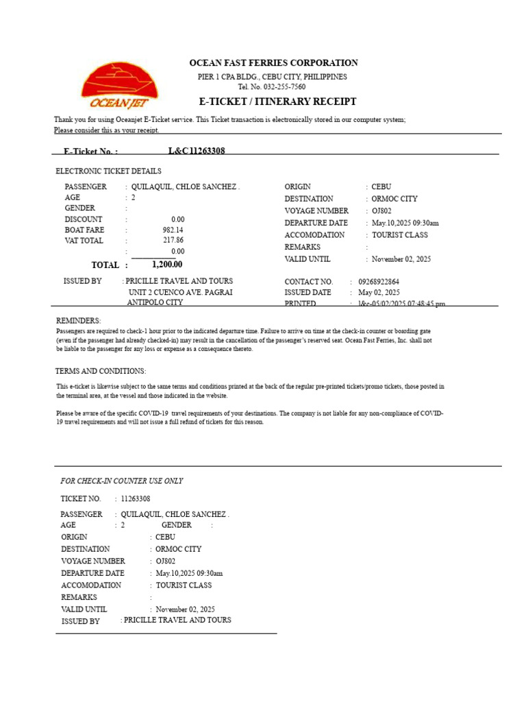 Oceanjet Cebu-Ormoc E-Ticket Details | PDF | Public Transport