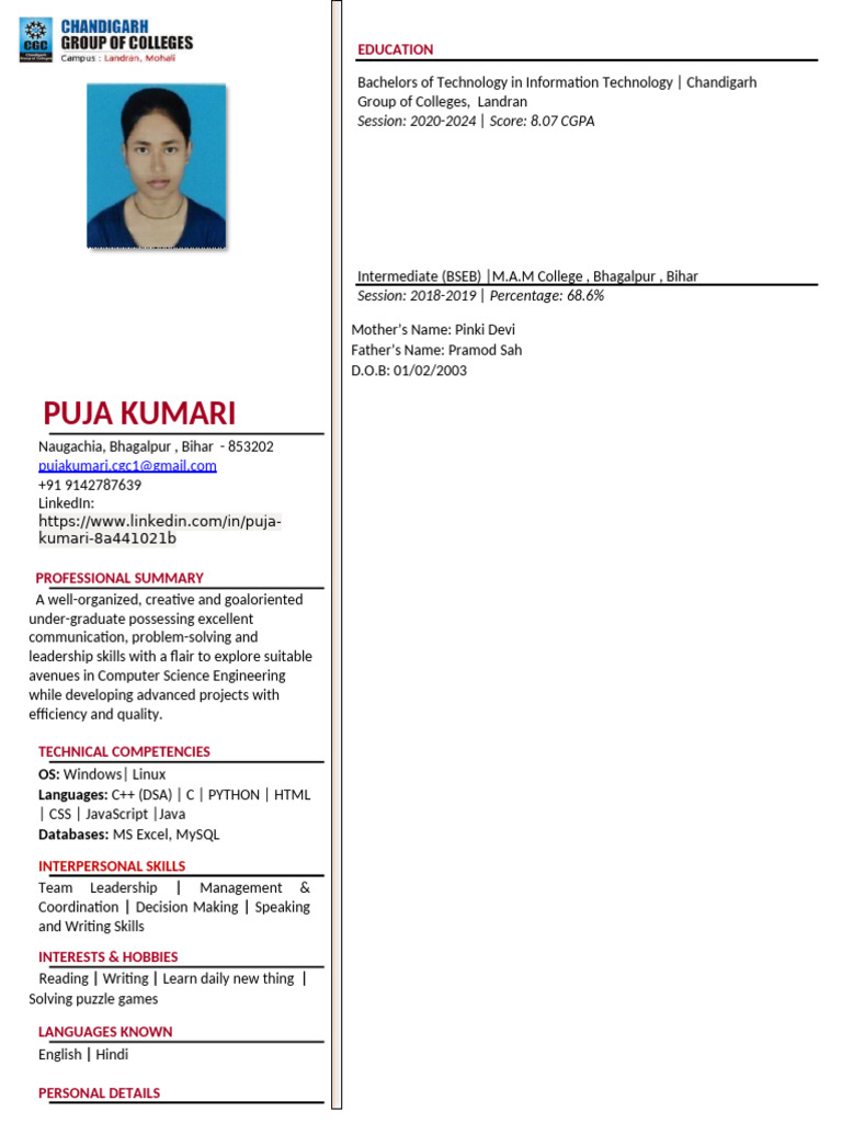 Sample Resume Format - Btech | PDF | Computing | Software Engineering