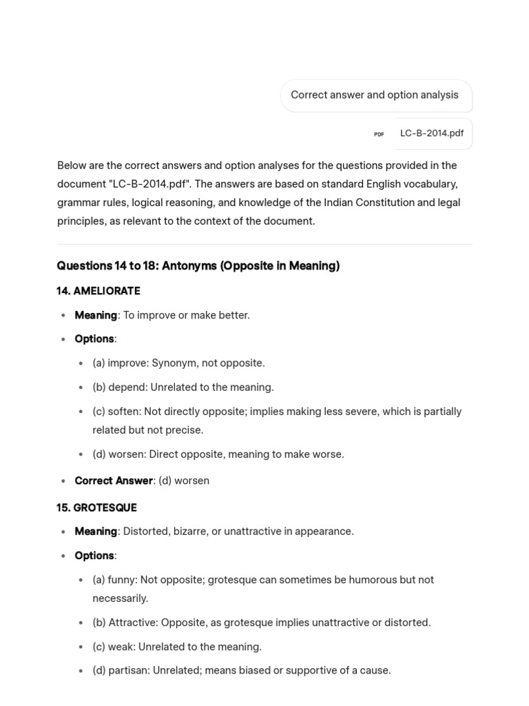 Antonym and Sentence Analysis Solutions - Grok | PDF | Question | Justice
