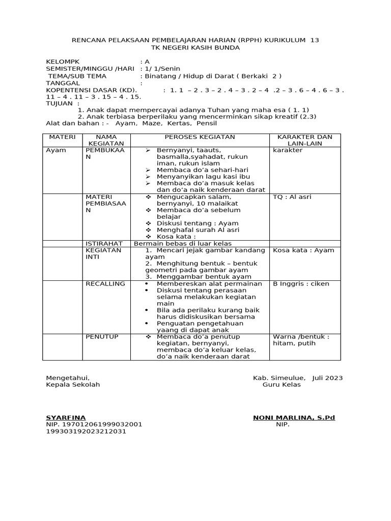 RPPH Binatang Berkaki 2 dan 4 TK | PDF