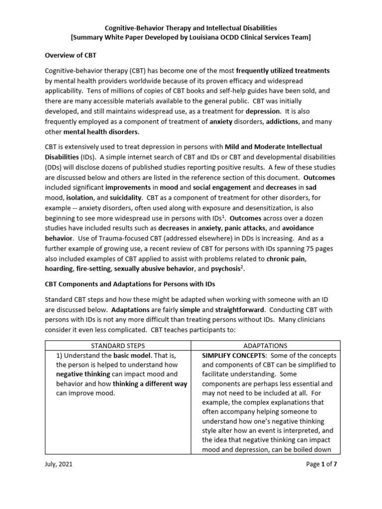 Adaptations To CBT For IDD | PDF | Cognitive Behavioral Therapy | Major Depressive Disorder