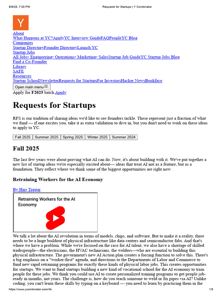 Requests For Startups - Y Combinator | PDF | Startup Company | Small Business & Entrepreneurs