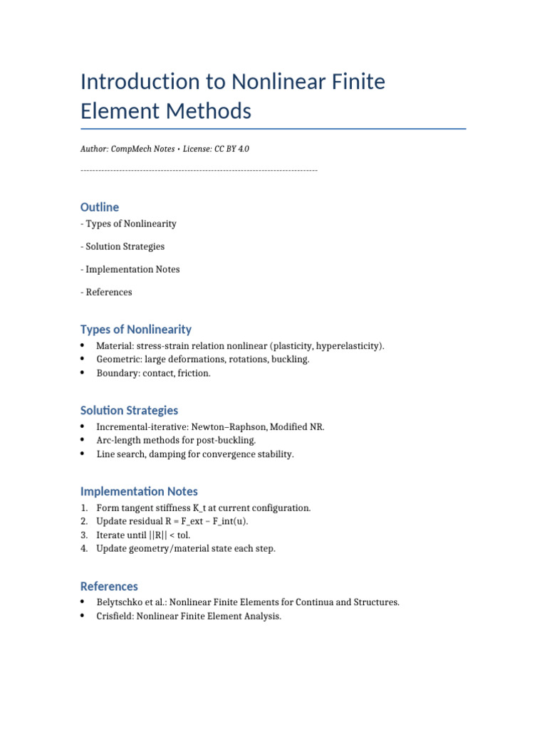 Nonlinear Finite Element Methods Overview | PDF