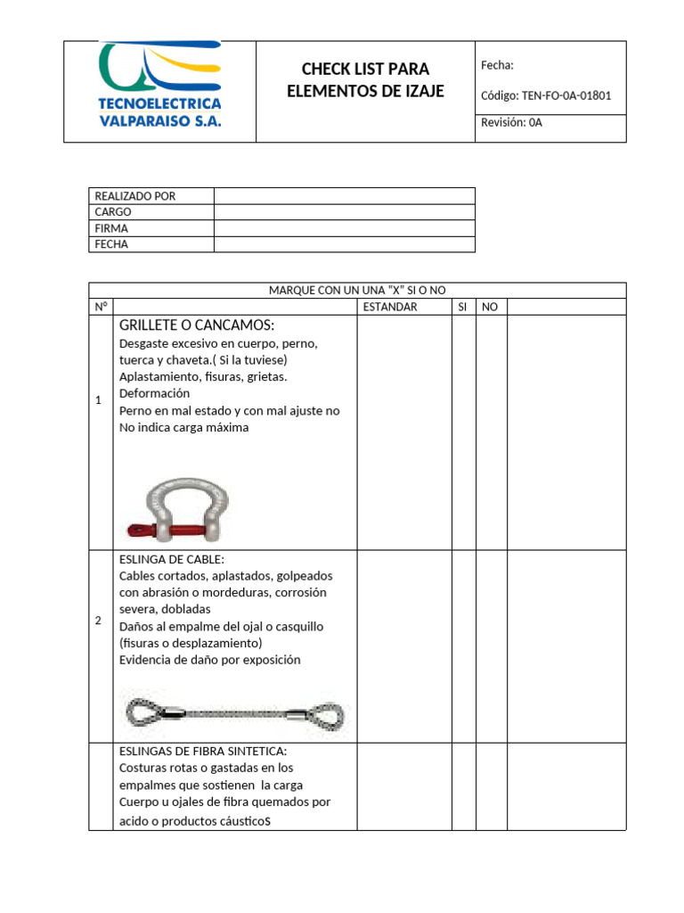 Checklist de Inspección de Izaaje | PDF | Materiales | Ingeniería mecánica