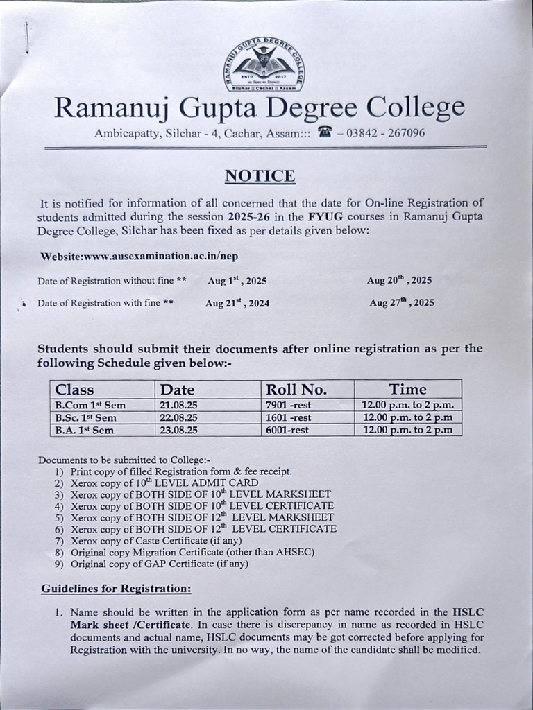 Notice For University Registration | PDF