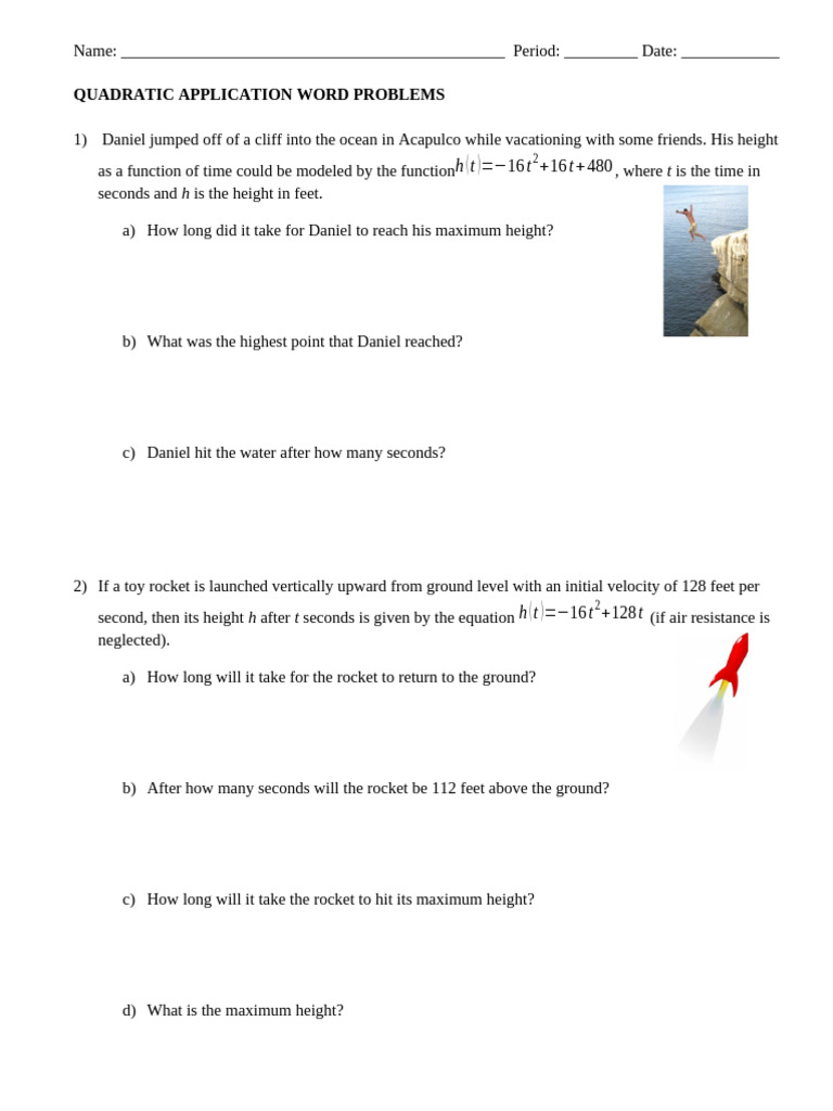 Algebra Worksheet - Quadratics 8 - Application Word Problems - STILL ...