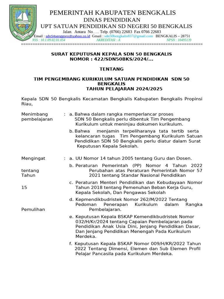 SK Tim Pengembang Kurikulum SD 2024/2025 | PDF