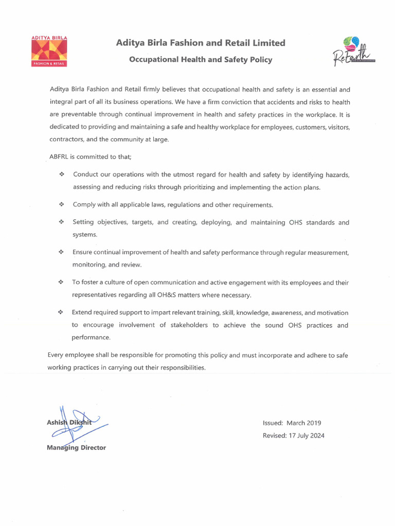 Occupational Health and Safety Policy ABFRL 1 | PDF