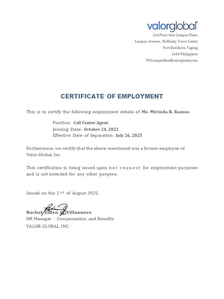 Valor Global Inc. Employment Certificate | PDF
