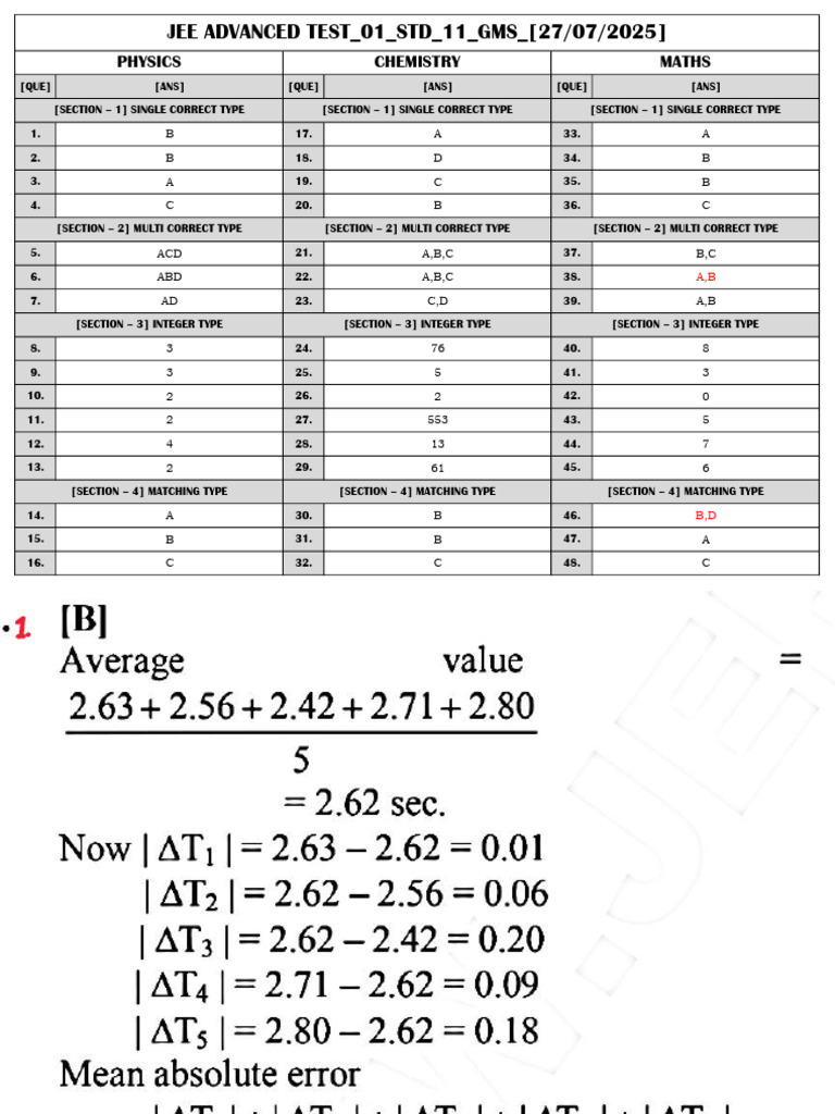 JEE Advanced Test 01 Answer Key | PDF | Units Of Measurement ...
