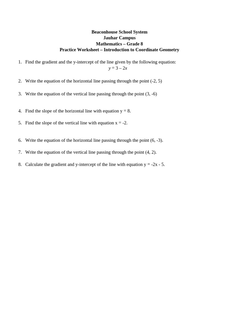 Grade 8 Coordinate Geometry Worksheet | PDF