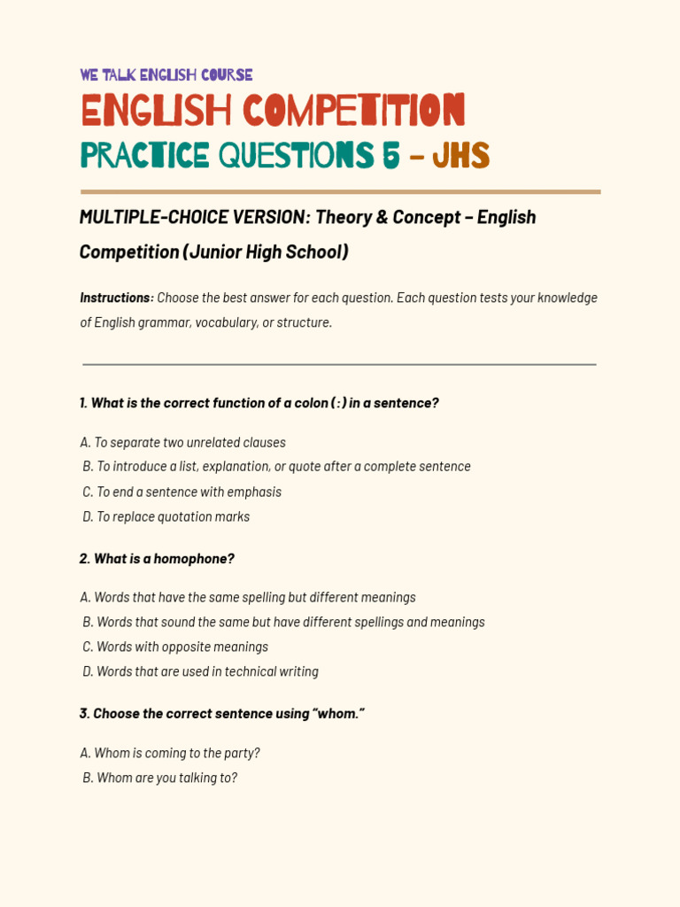 JHS English Competition Practice Questions | PDF | English Language ...