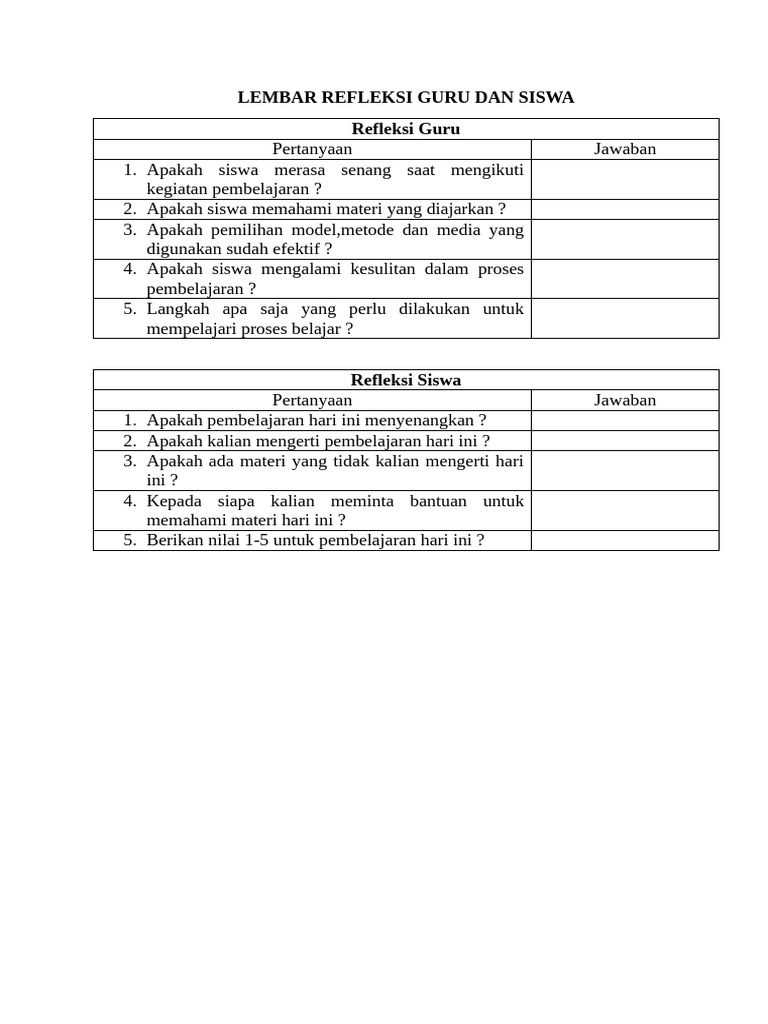 Lembar Refleksi Guru Dan Siswa | PDF