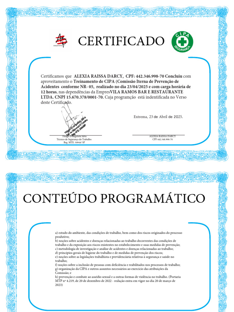 Certificado de Treinamento CIPA - Alexia Darcy | PDF