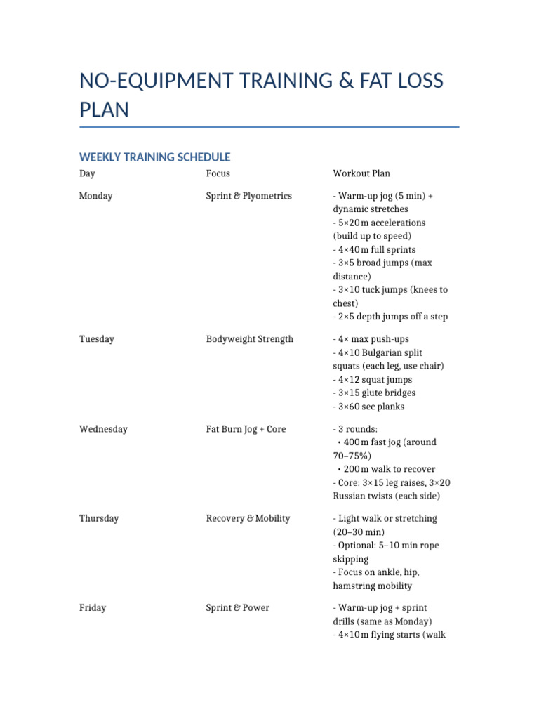 No-Equipment Fat Loss Workout Plan | PDF | Physical Exercise | Physical ...