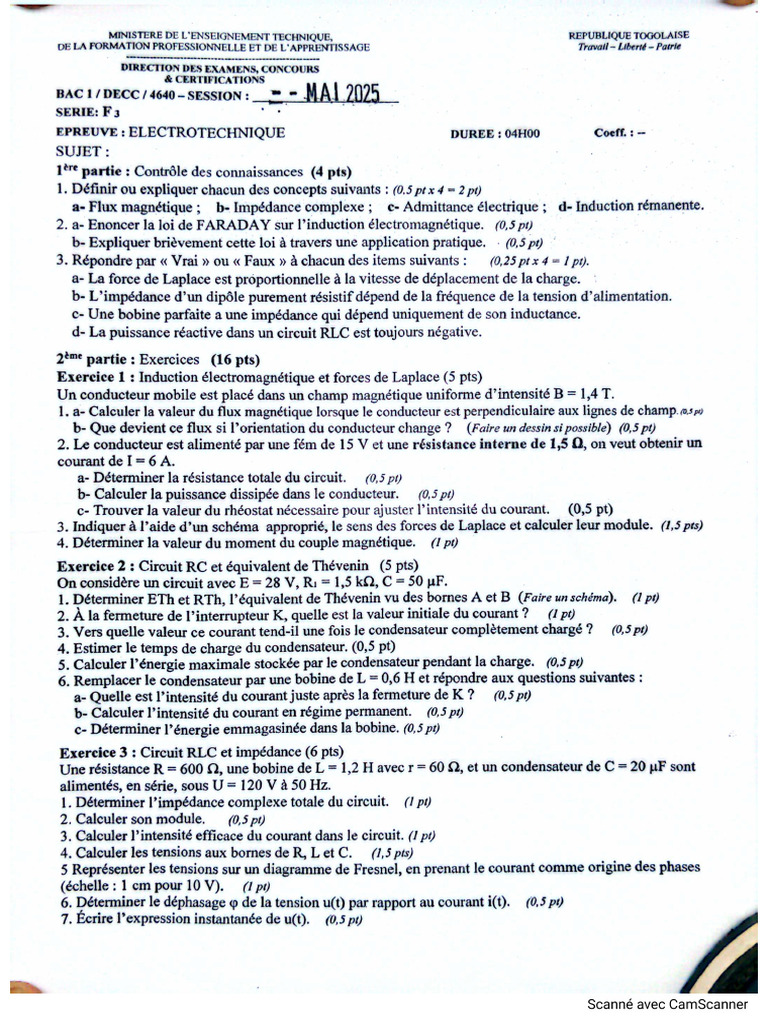 Bac1 F3 2025 Electrotechniques | PDF