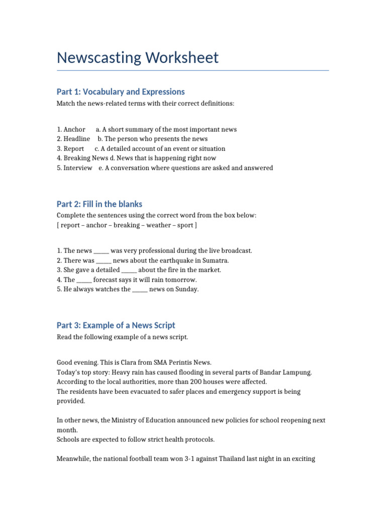Newscasting Skills Worksheet | PDF