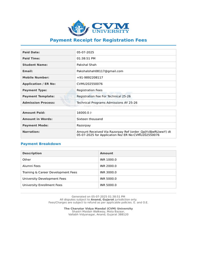 MBIT Collage Fee Recipt of Pakshal | PDF
