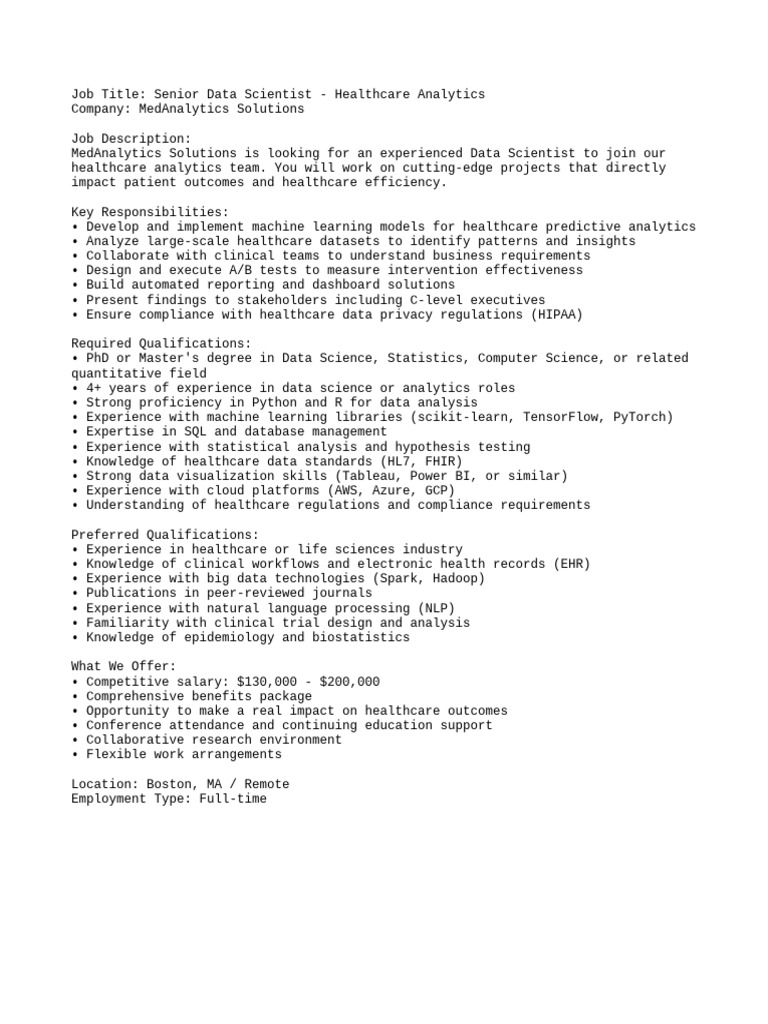 Data Scientist Healthcare Job Description | PDF