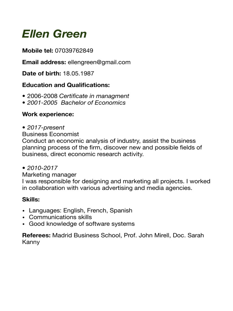 Ellen Green - Business Economist CV | PDF