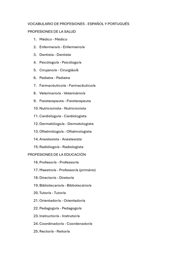Vocabulario de Profesiones en Español | PDF | Cuidado de la salud