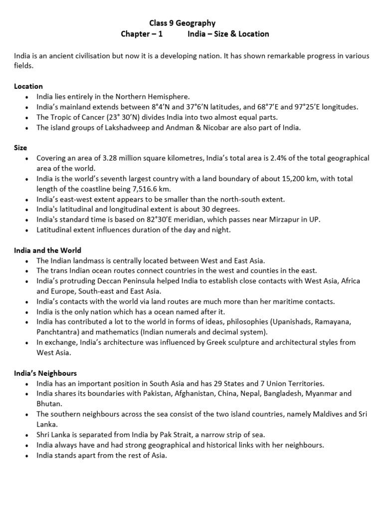 Class 9 Geography: India’s Size & Location | PDF | Asia | Latitude