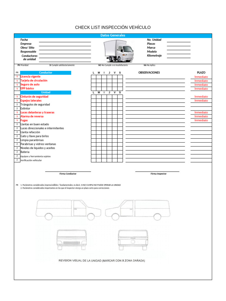 Check List Inspección de Vehículos | PDF | Vehículos con tracción ...