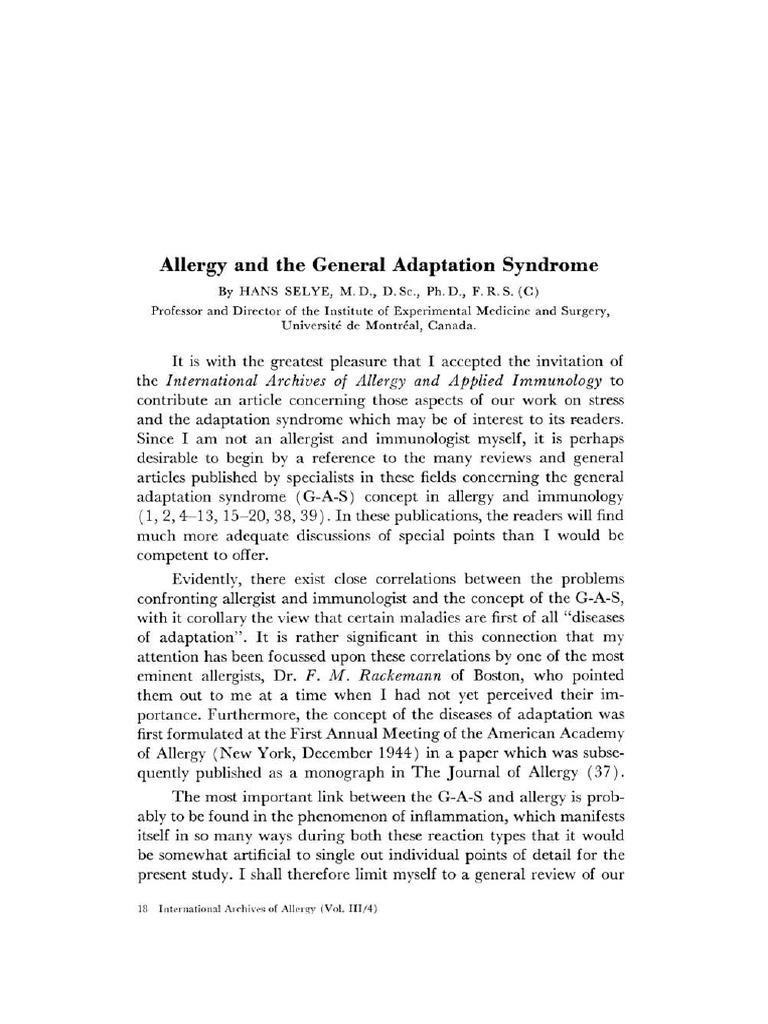 1952 - Hans Selye - Allergy and The General Adaptation Syndrome | PDF