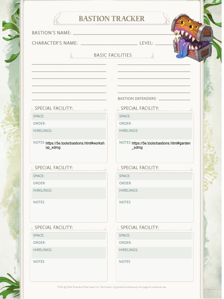 Bastion Tracker and Facilities Sheet | PDF