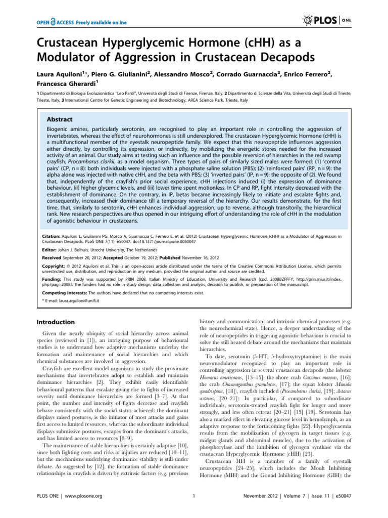 Aquiloni Et Al. 2012 Crustacean Hyperglycemic Hormone (CHH) As A ...