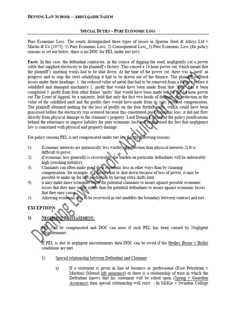 Tort Law Lecture 3 Pure Economic Loss | PDF | Negligence | Tort