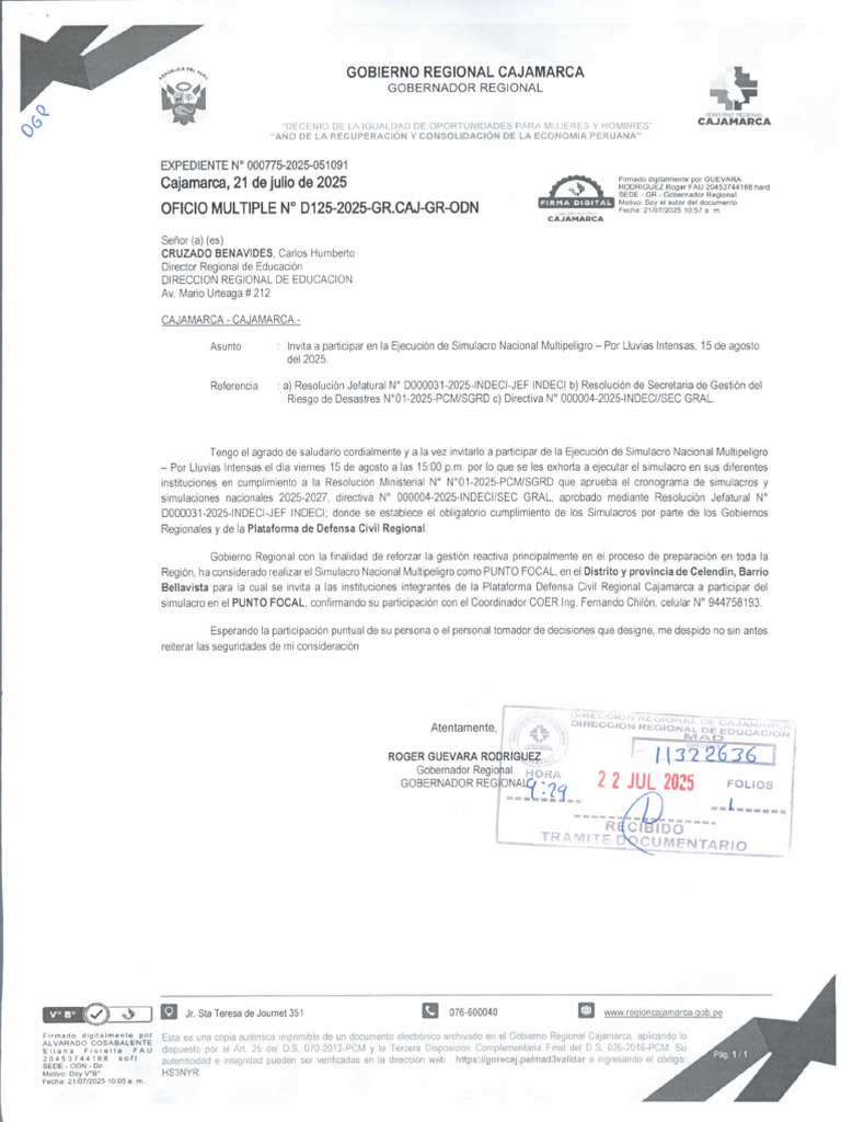 OFICIO M 125-2025-GRC - Simulacro II Punto Focal | PDF