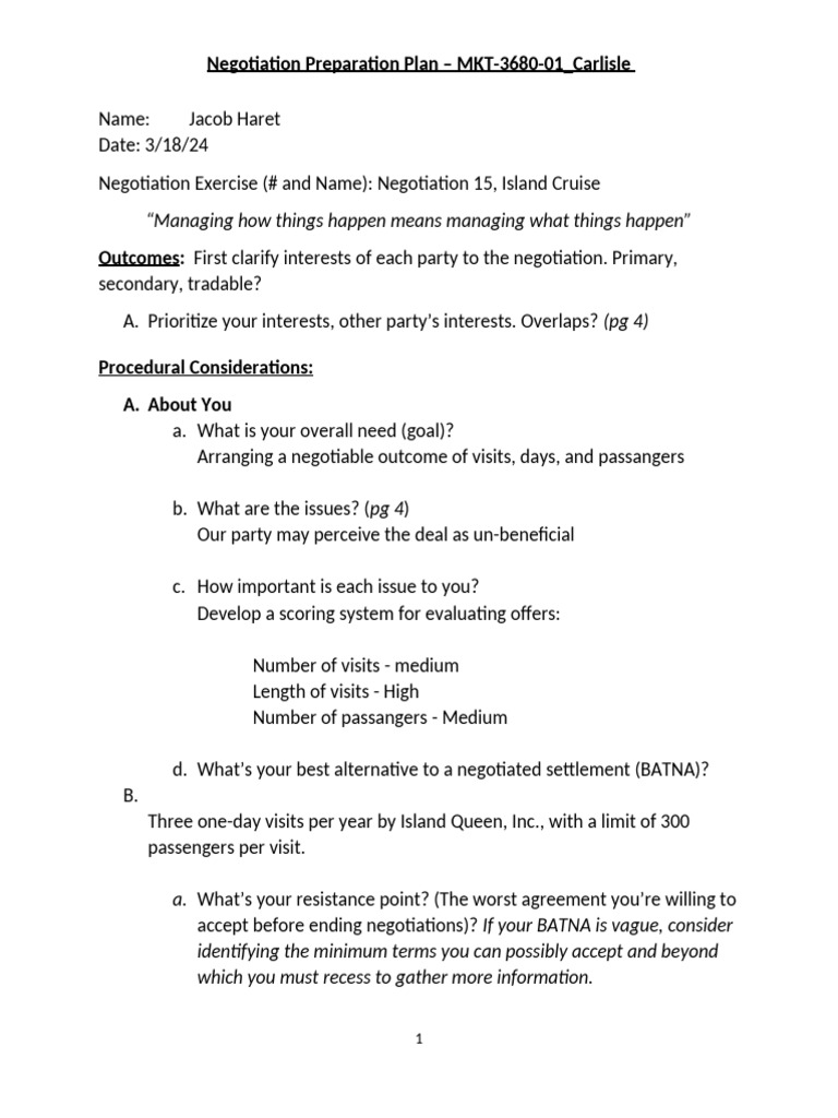 Negotiation Preparation Plan v1 | PDF | Negotiation | Social Psychology