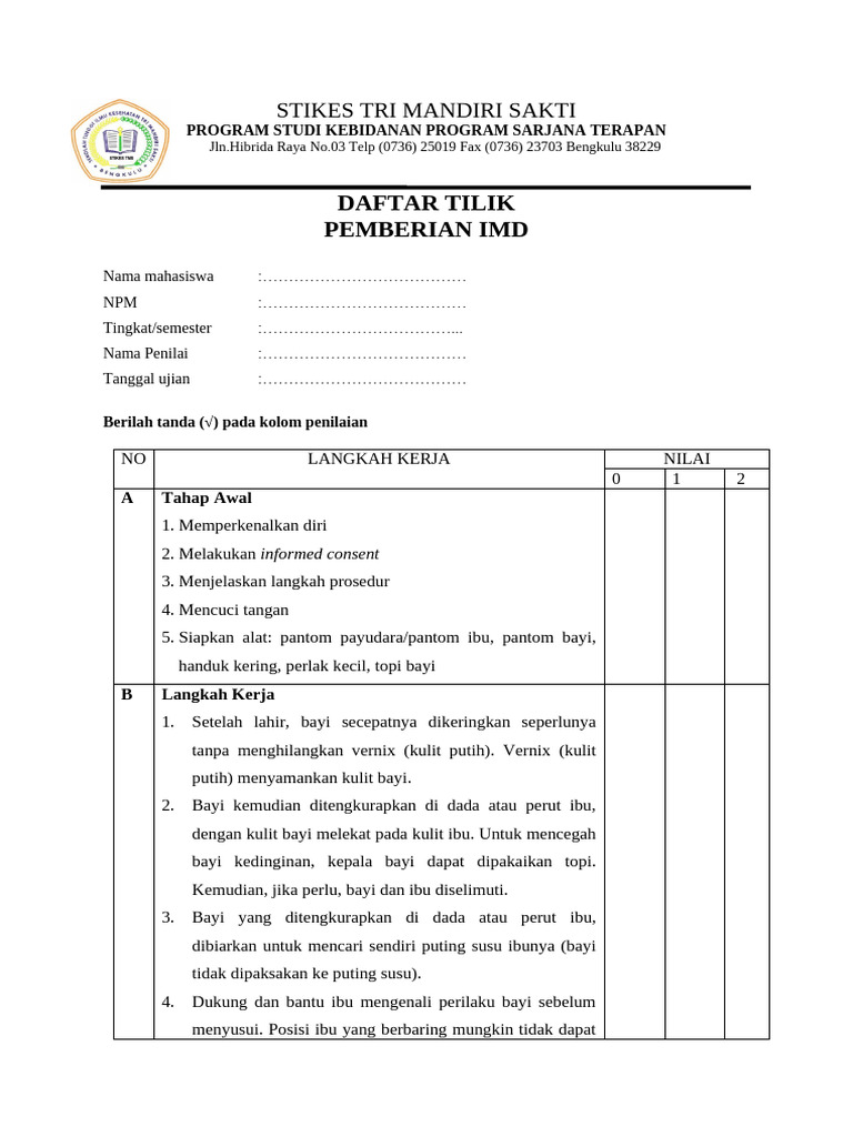 Daftar Tilik Pemberian Imd | PDF