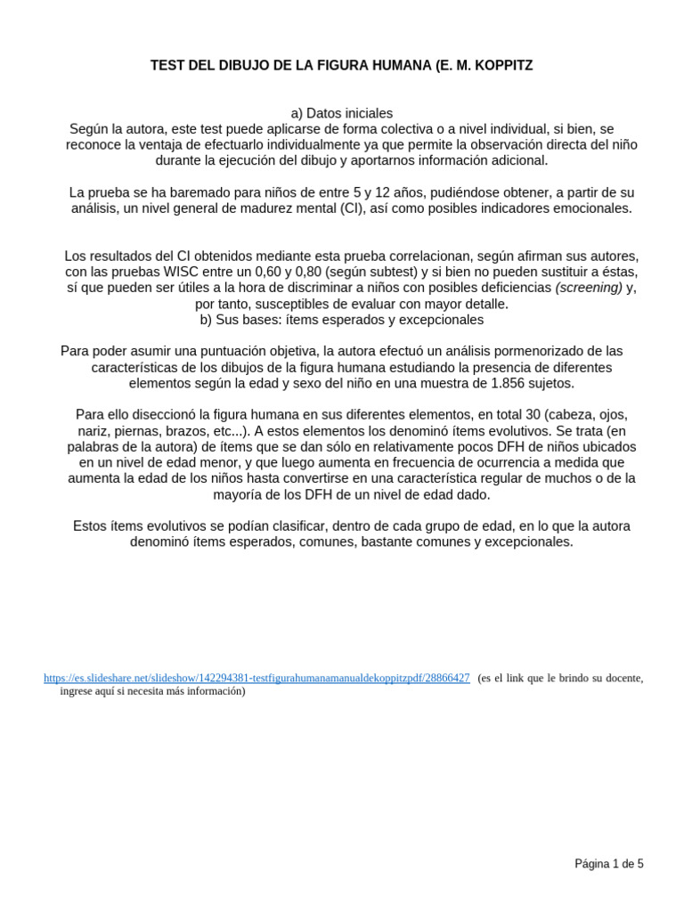 Test Del Dibujo de La Figura Humana de Koppitz | PDF | Cociente de ...
