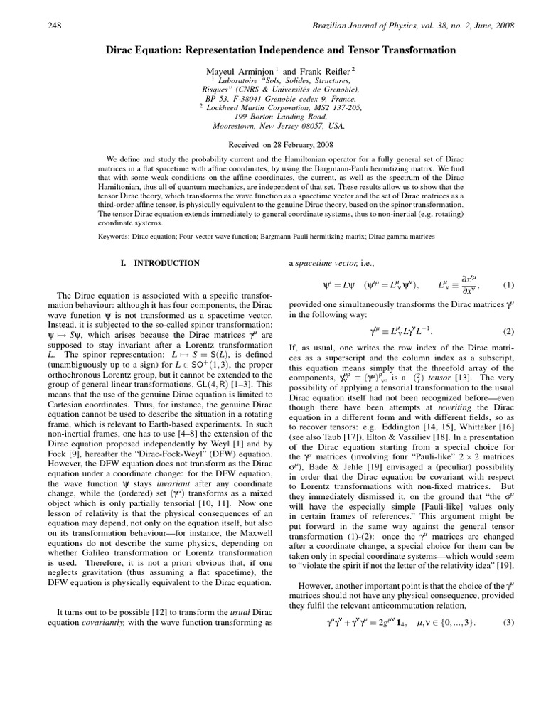 Dirac Equation: Representation Independence and Tensor Transformation | PDF | Matrix ...
