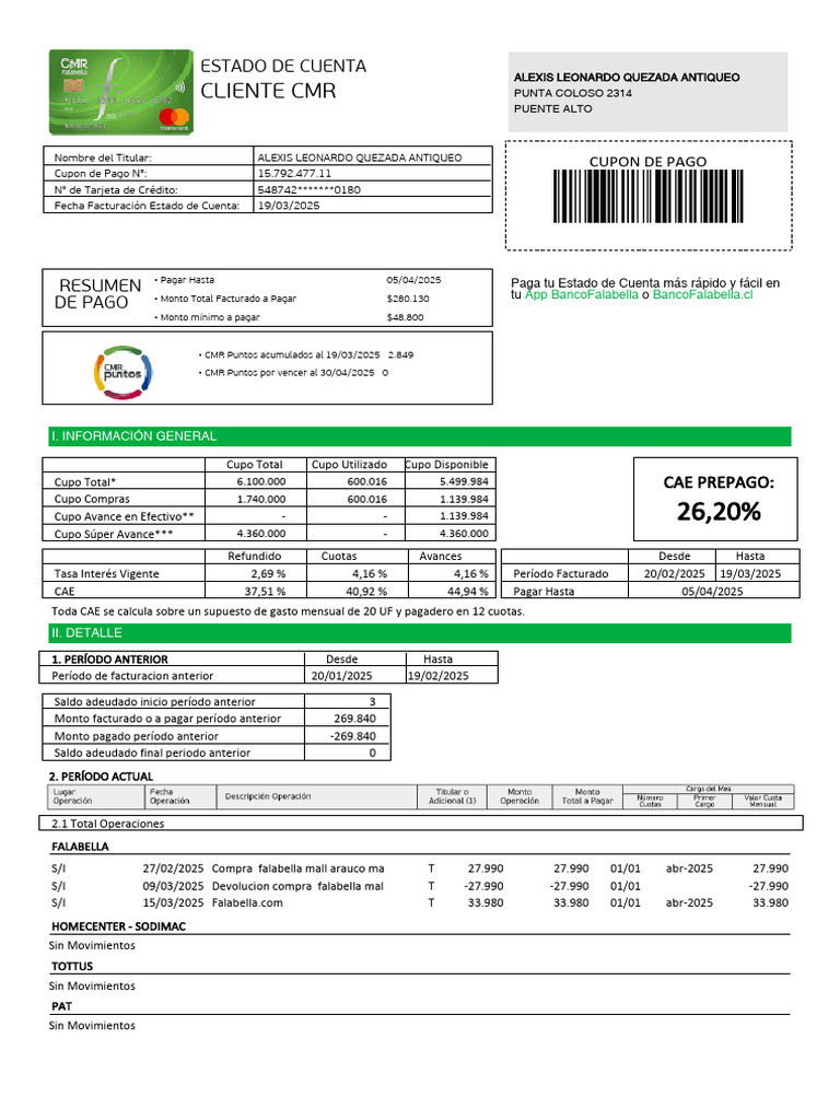 Estado de Cuenta CMR - Alexis Quezada | PDF | Tarjeta de débito | Crédito