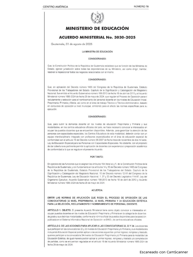 Acuerdo Ministerial No. 3030-2025 - Convocatoria 32 33 y 34 MINEDUC | PDF