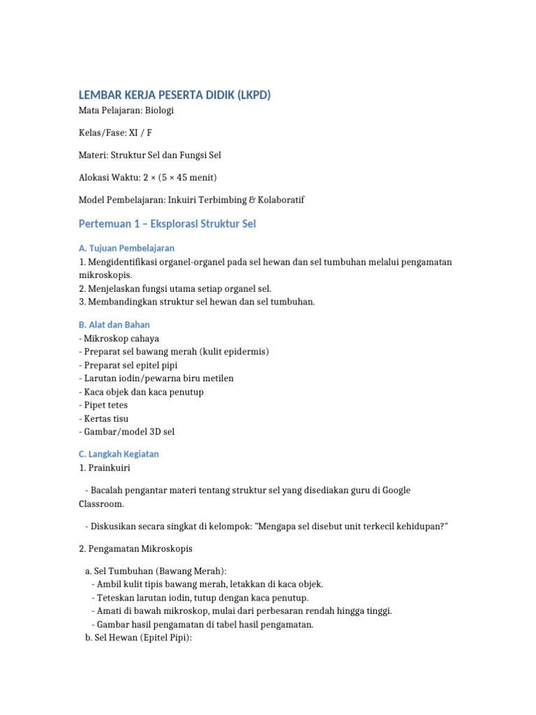 LKPD Struktur Sel Dan Fungsi Sel | PDF