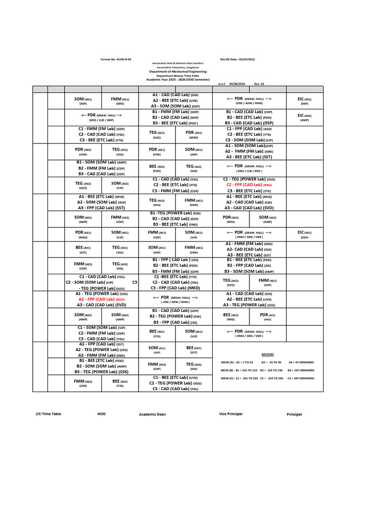 SY Time Table Odd 2025-26 | PDF