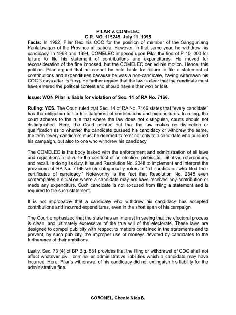 Pilar V. Comelec G.R. NO. 115245. July 11, 1995 Facts:: CORONEL, Chenie ...