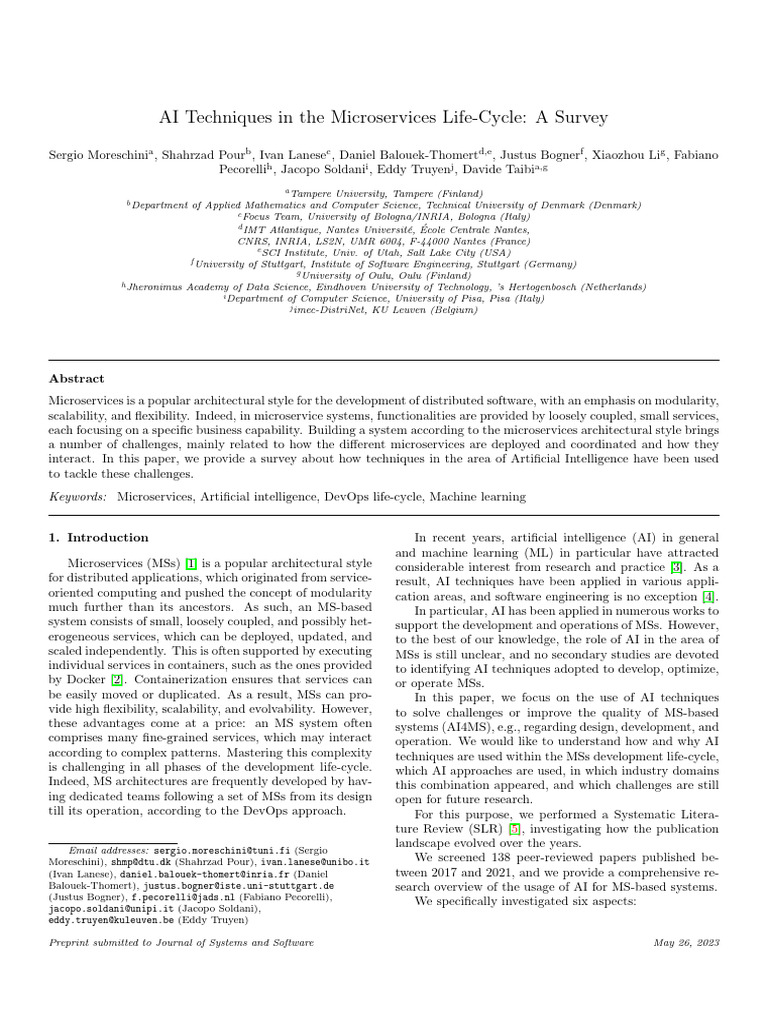 AI Techniques in The Microservices Life-Cycle A Survey | PDF | Artificial Intelligence ...