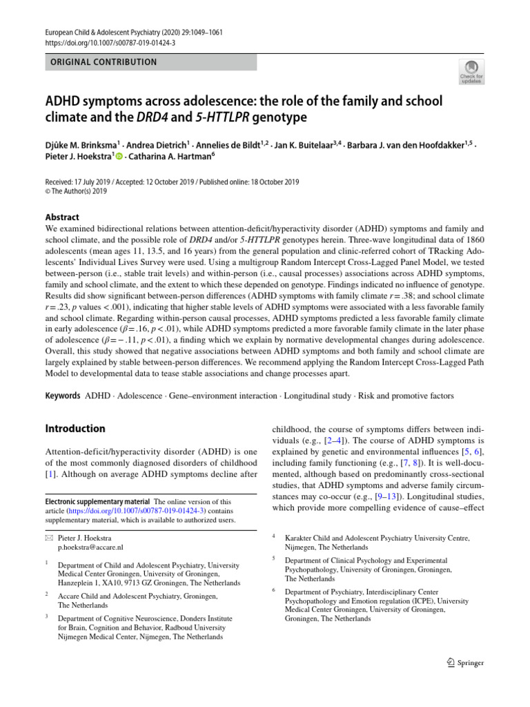 ADHD Symptoms Across Adolescence The Role of The Family and School ...