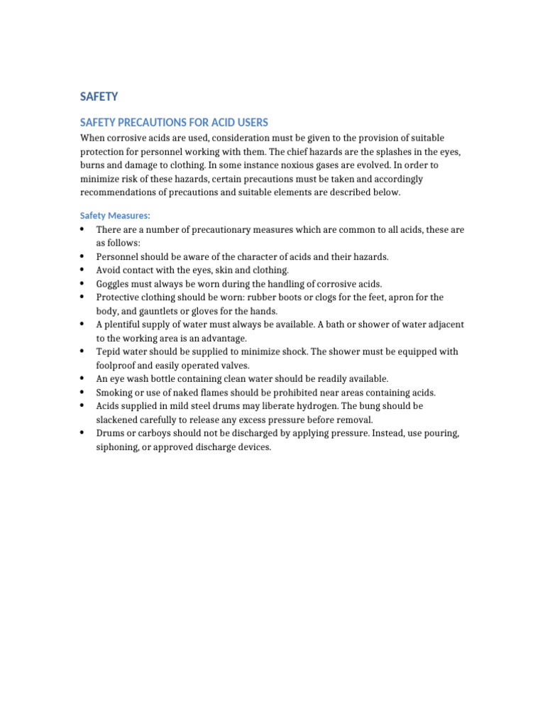 Safety Precautions For Acid Users | PDF