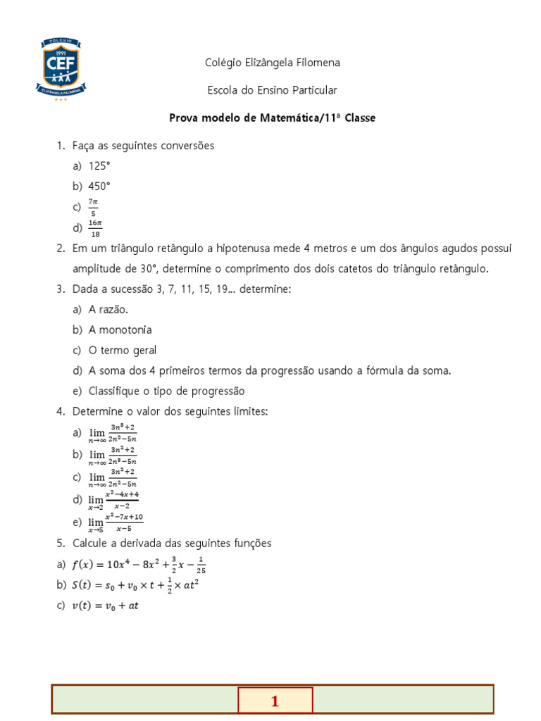 Prova de Matemática - 11ª Classe | PDF | Trigonometria | Matemática
