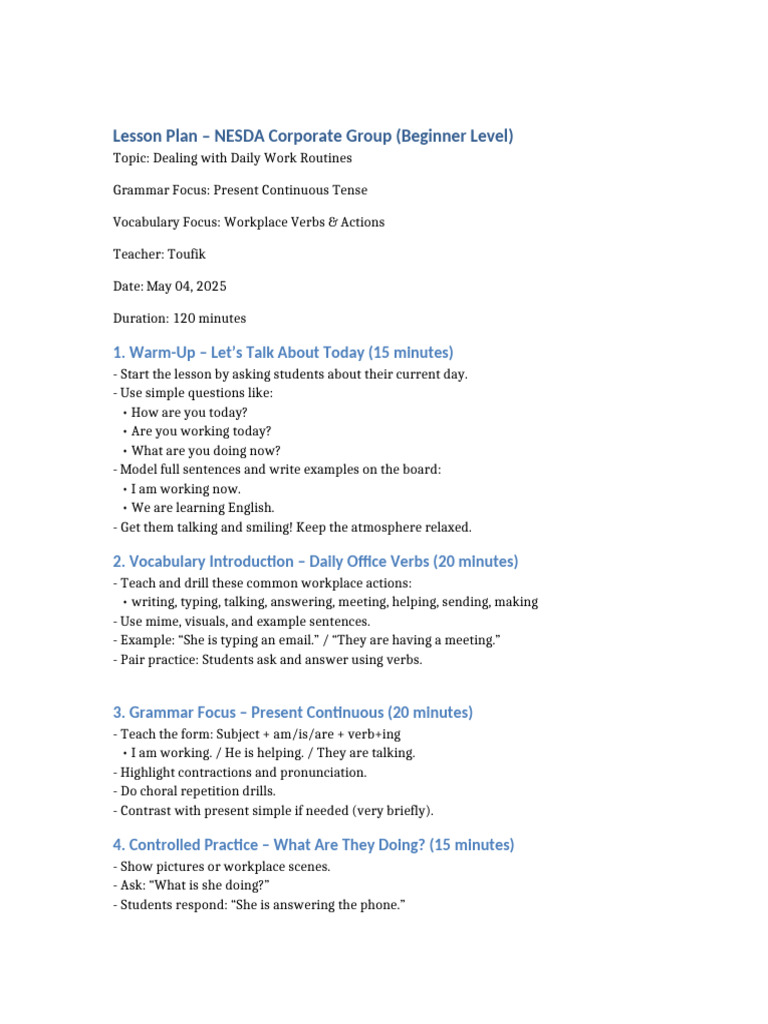 NESDA Second Lesson Plan Present Continuous | PDF