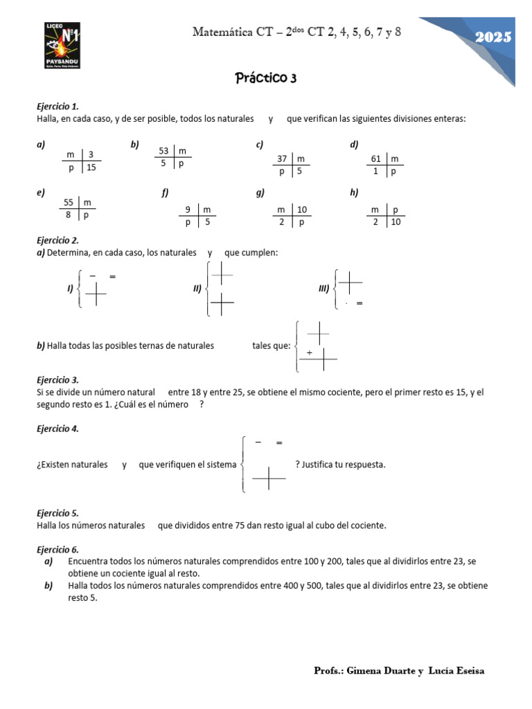 Ejercicios de Divisiones Enteras en Matemática | PDF | División ...