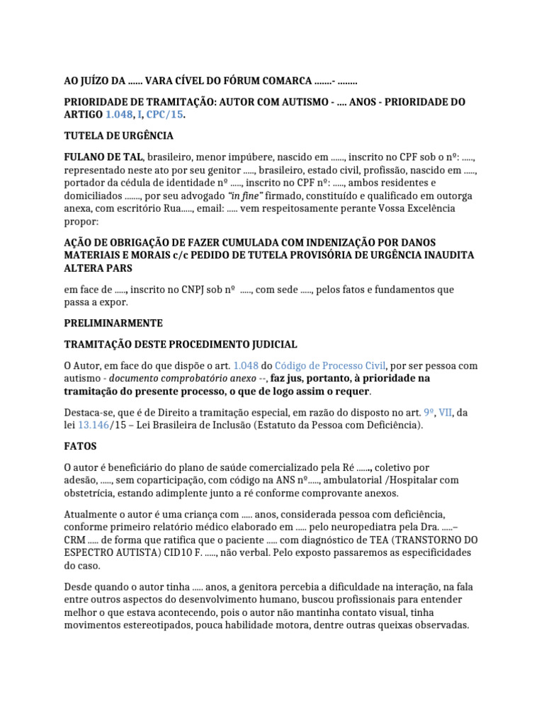 Modelo de Peticao Plano de Saude Autista | PDF | Autismo | Comportamento