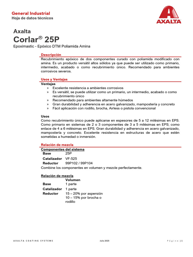 Ficha Técnica Corlar® 25P Axalta | PDF | Revestimiento | Hormigón