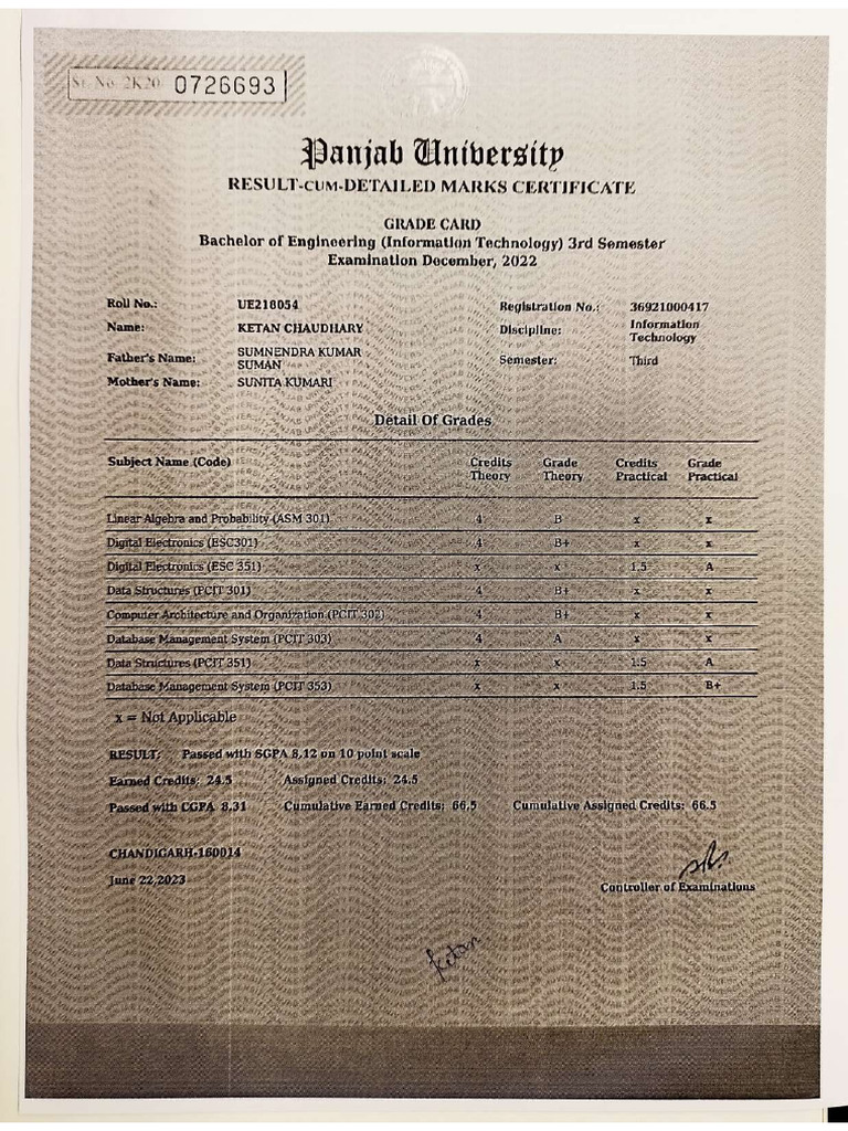 Third Sem College Marksheet | PDF